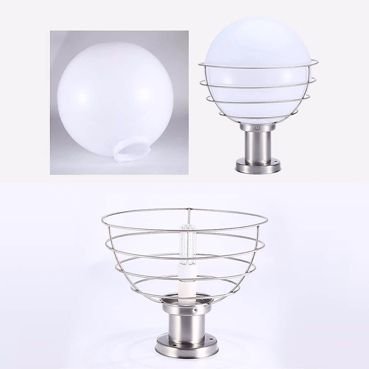 Bwldma Outdoor Waterproof Ball E27 Post Lamp Modern Simple Round Spherical Column Headlights Stainless Steel Home Garden Bulb Landscape Pillar Light (Size : 20 30cm) (Size : 20cm)