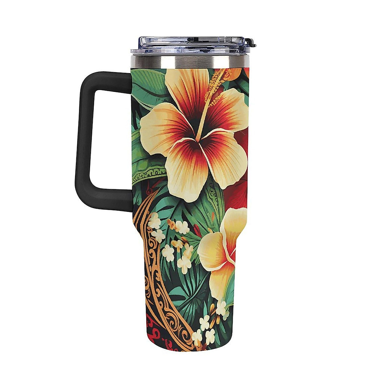 LYHVSFJW 40 Oz Tumbler with Handle Straw Hawaiian Style Print Pattern Water Cup with Lids Stainless Steel Water Bottle Travel Insulated Mug Coffee Mug Vacuum Insulated Cup for Daily Use