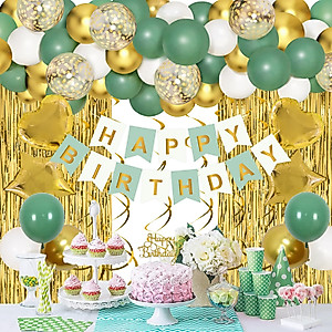 Sage Green Birthday Party Decorations, Balloon Garland Arch Kit, Happy Birthday Banner, Shiny Fringe Curtain, Heart Star Foil Balloons, Hanging Swirls, Baby Shower Birthday Party Supplies