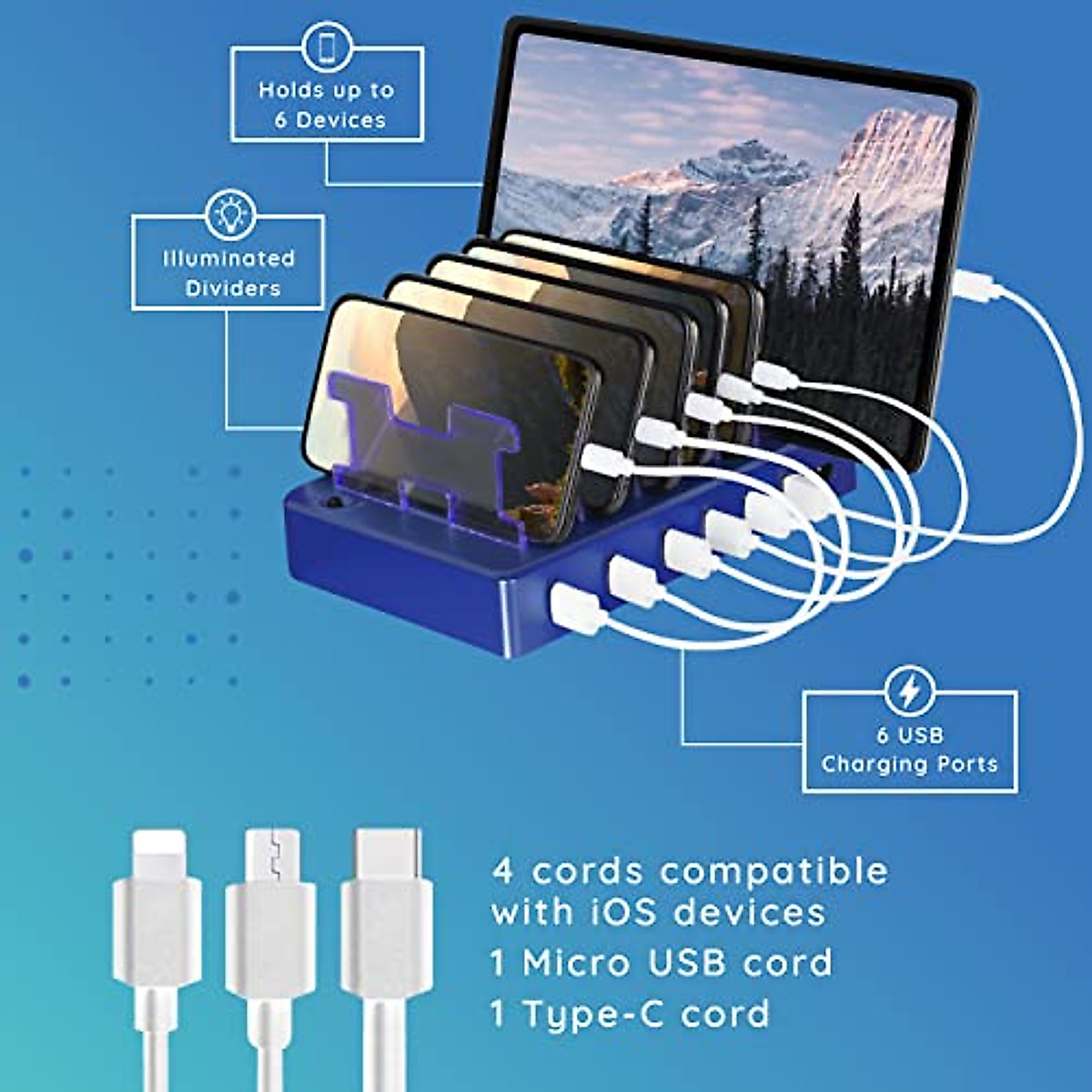 Hercules Tuff Charging Station for Multiple Devices - 6 Ports - (4) iOS Compatible, (1) USB-C & (1) Micro USB Cable for Cell Phones, Smart Phones, Tablets, and Electronics, Blue
