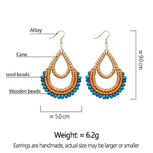 CALORVIA Bohemian Rattan Wooden Beads Handmade Teardrop Earrings Dangle Drop Jewelry for Women (Blue)