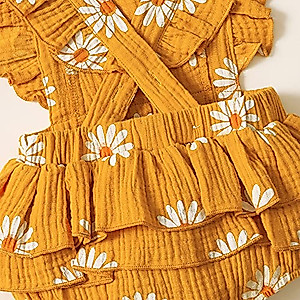 PATPAT Newborn Baby Girl Clothes Daisy Print Crepe Fabric Baby Romper Set Infant Girl Outfits 2PC Set 100% Cotton(Ginger,6-9 Months)