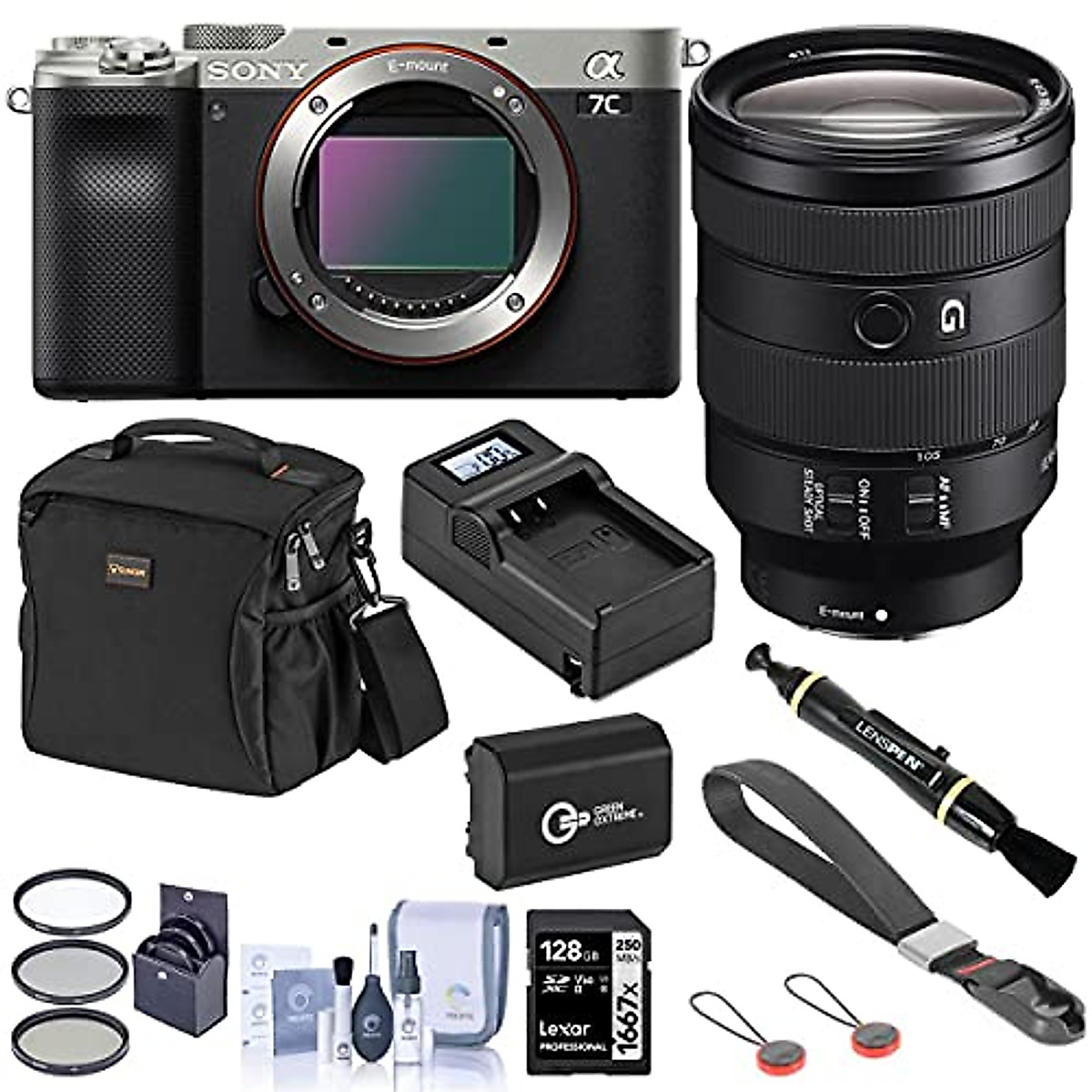 Sony Alpha 7C Mirrorless Digital Camera, Silver with FE 24-105mm f/4 G OSS E-Mount Lens Bundle with Bag, 128GB SD Card, Wrist Strap, Extra Battery, Charger, Filter Kit and Accessories