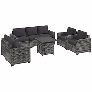 Outsunny 5 Piece Patio Furniture Set with Cushions, Outdoor PE Rattan Wicker Conversation Sofa Set with 30" Fire Pit Coffee Table, Dark Gray