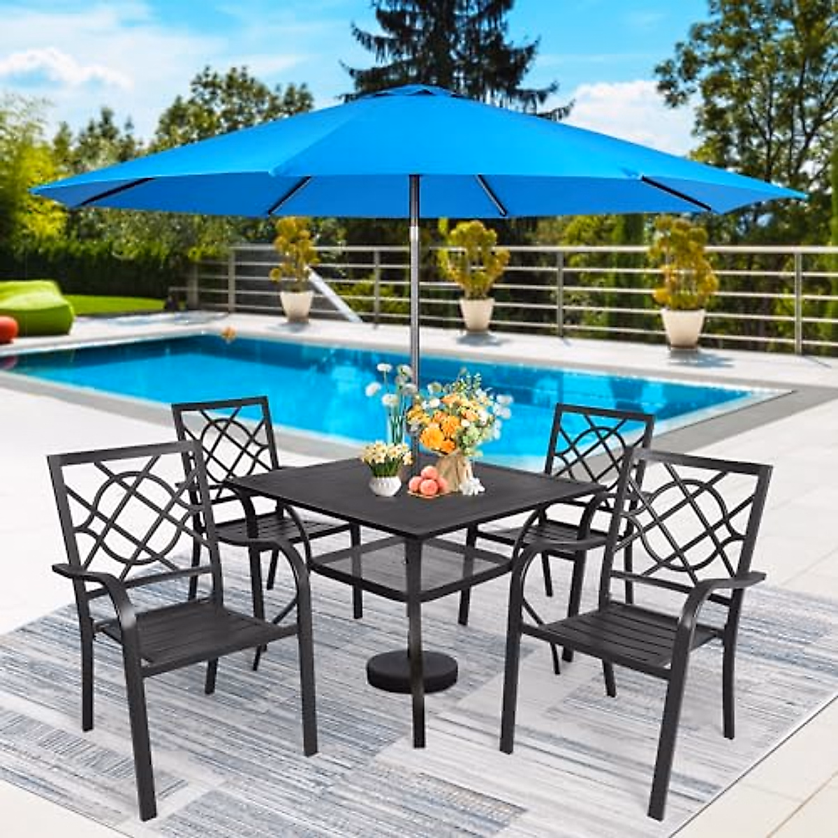 SUNCROWN 5-Piece Outdoor Wrought Iron Chairs and Table Patio Dining Furniture Set - 4 Stackable Metal Chairs, 1 Steel Slat Bistro Table for Garden Backyard Deck