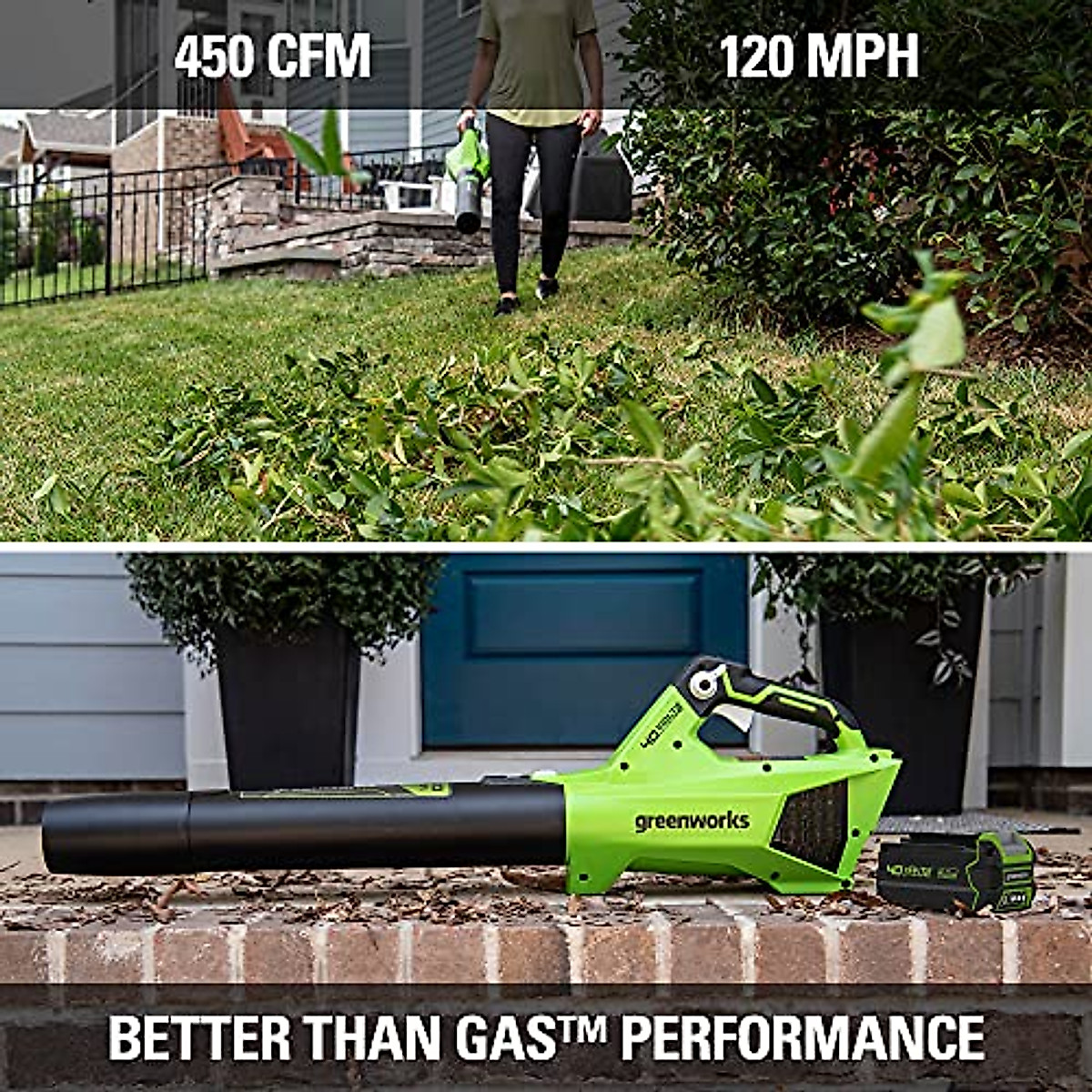 Greenworks 40V (120 MPH / 450 CFM) Cordless Axial Blower, 4Ah USB Battery (USB Hub) and Charger Included