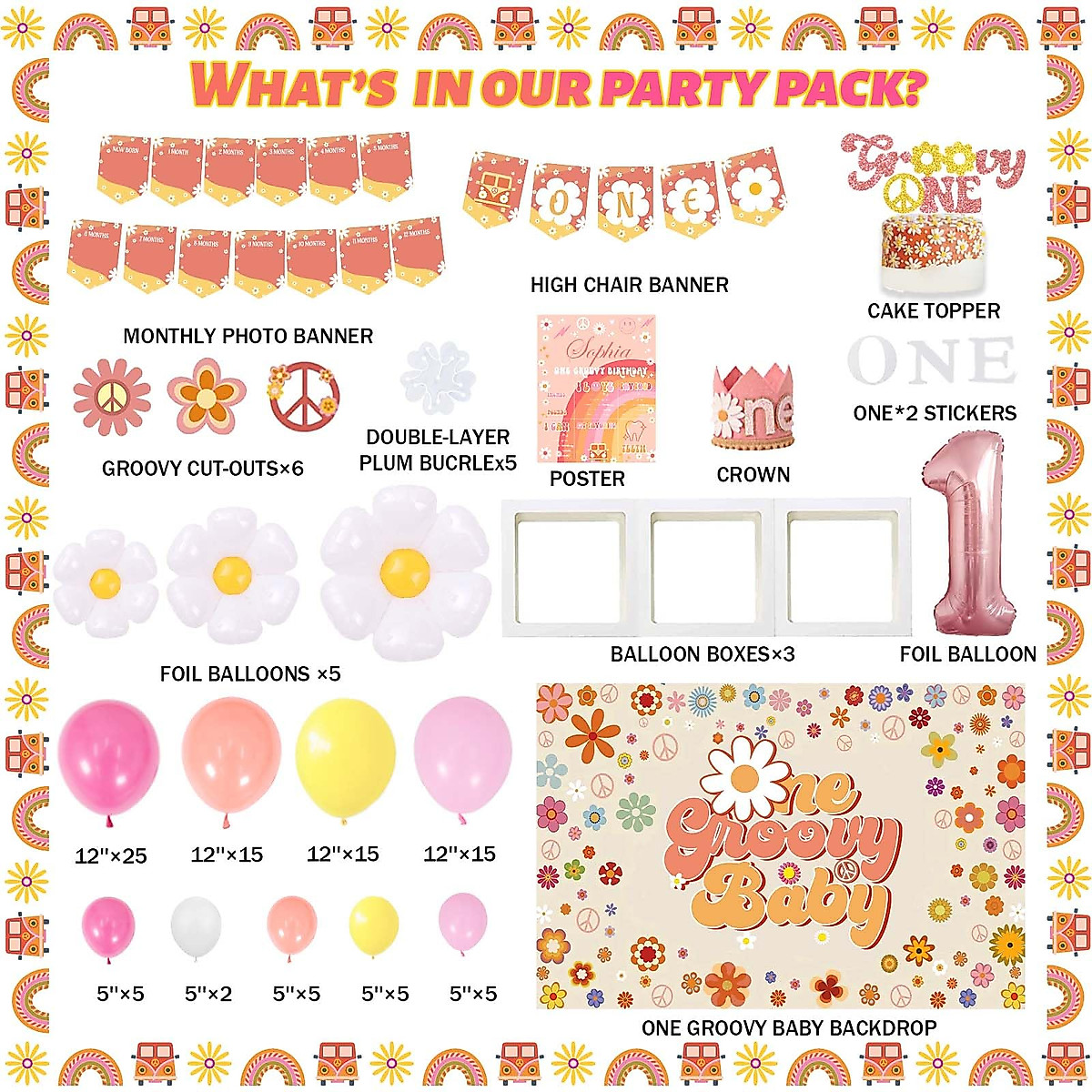 125 PCs Groovy One Party Decorations, Fiesec One Groovy Baby Birthday Decorations Girl Boho Daisy Hippie First Party Backdrop Balloon Garland Monthly Photo Highchair Banner Cake Topper Crown Poster