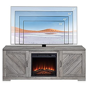 BELLEZE Modern 58 Inch Farmhouse TV Stand with 18 Inch Electric Fireplace & Media Entertainment Center Console Table for TV up to 65 Inch with Storage Cabinets and Infrared Heater - Hilo (Gray Wash)