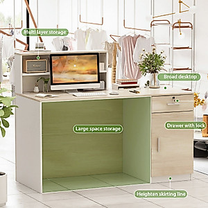 FAMAPY Reception Desk Retail Counter with Lockable Drawer & Shelves, Front Counter Desk Reception Counter Table for Salon Lobby Shop White and Oak (55.1”W x 23.6”D x 43.3”H)