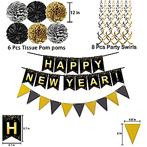 Black Happy New Year Banner Gold Black Paper Flag Bunting Swirl Streamers & Pom Poms Balloons for New year Party Decorations