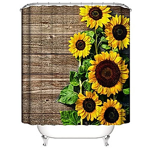 AZHM Wooden Sunflower Shower Curtain Sets with Rugs 4 Piece Bathroom Decor Set with Toilet Lid Cover Bath Mat Shower Curtain for Bathroom with 12 Hooks Waterproof Bathroom Curtains Shower Set