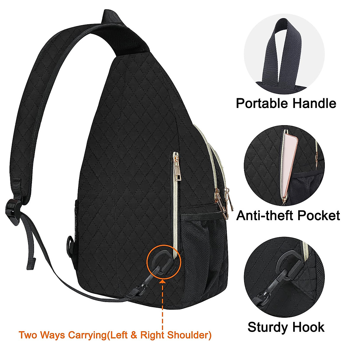 MOSISO Sling Backpack, Rhombus Quilted Crossbody Bag with Front Pockets Casual Chest Shoulder Travel Hiking Daypack Bag, Black