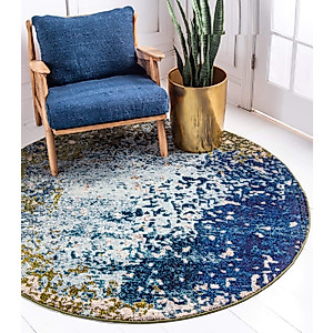 Unique Loom Estrella Collection Abstract, Modern, Light Colors, Distressed Area Rug, 6' 1" x 6' 1", Blue/Beige