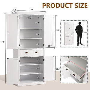 LOUVIXA 72" Kitchen Pantry Storage Cabinet, Freestanding Cupboard with 2 Cabinets, Drawer and Adjustable Shelves, Tall Storage Cabinet for Kitchen, Dinning Room, Living Room (White)