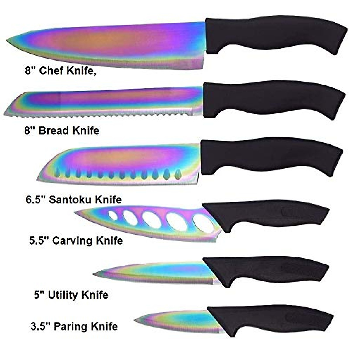 Lightahead 7pcs Premium Rainbow Colored Knife Set, 6 Stainless Steel Kitchen Knives with Chopping Board