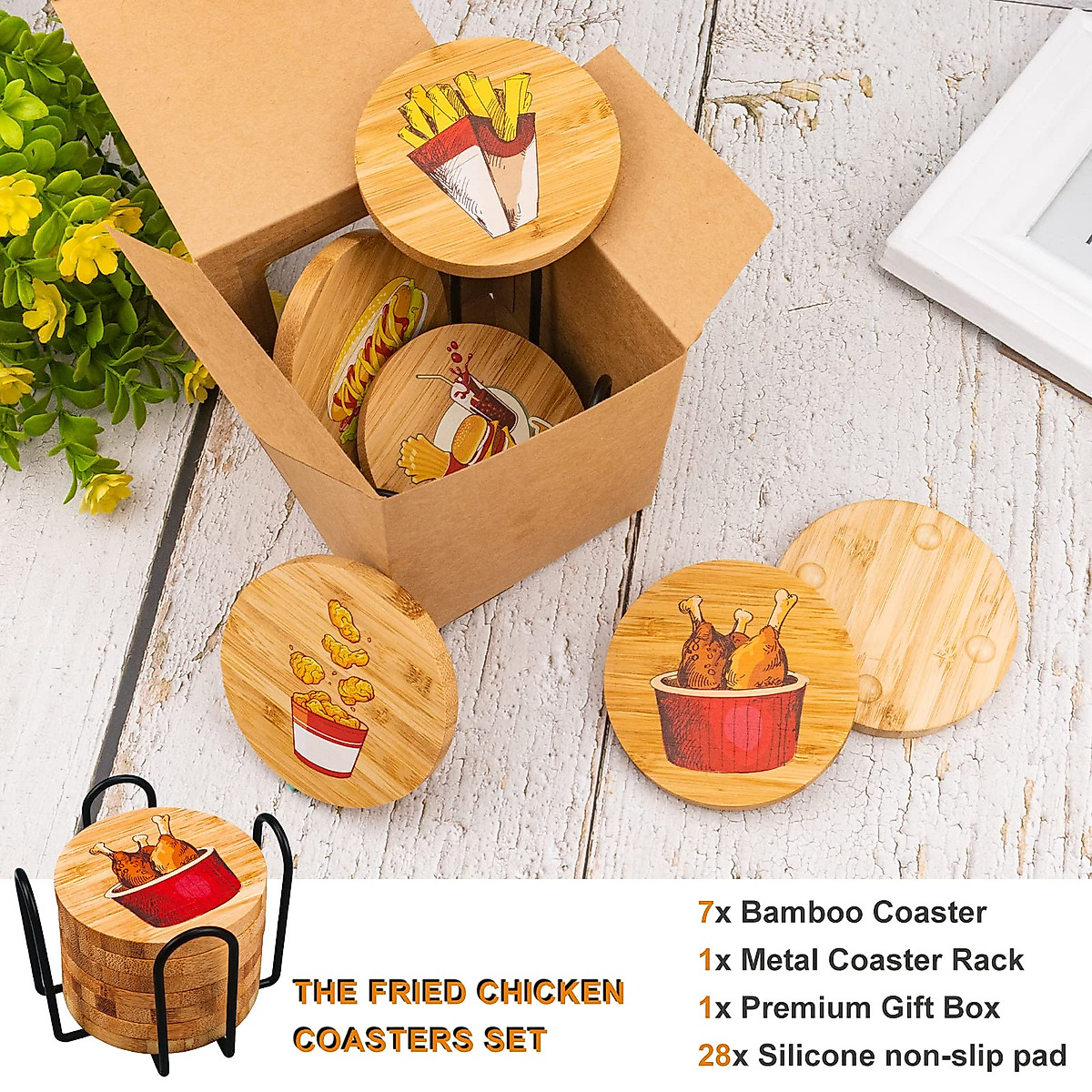 Haomacro Coasters for Drinks with Holder,Farmhouse Funny Wood Drink Cup Coasters,Stain-Resistant Absorbent Coaster for Coffee Table,Rustic Cork Absorbent Coasters Cute Kitchen and Coffee