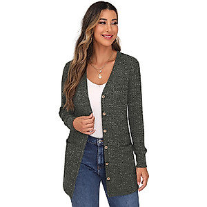 GRECERELLE Women's Long Sleeve Open Front Cardigan Button Down Ribbed Lightweight Knit Outerwear with Pocket