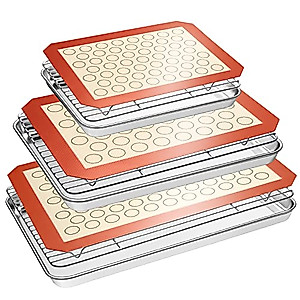 Baking Sheet Tray Cooling Rack with Silicone Mat Set, Stainless Steel Cookie Pan For Oven, Set of 9 (3 Sheets + 3 Racks Mats), Warp Resistant & Heavy Duty Easy Clean