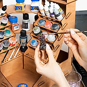 PLYDOLEX Wooden Corner Paint Organizer for 32 Bottles of Paints and 46 Paint Brushes - Paint Rack Organizer with 6 Miniature Stands and Scene for Photo-Shooting - Intended for Miniature Paint Set
