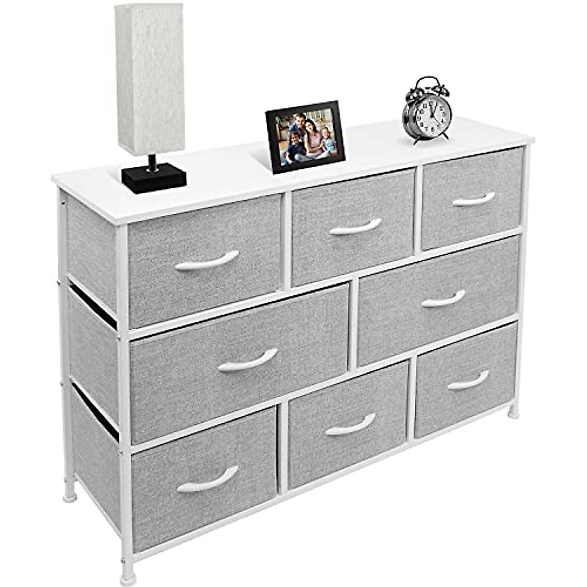 Sorbus Dresser with 8 Drawers - Furniture Storage Chest for Kids Clothing Organization, Bedroom, Hallway, Closet, Office - Steel Iron Frame, Rustic Farmhouse Wood Top, Fabric Bins (White)
