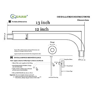 Aquaiaw Shower Arm and O-Ring Flange, 12 inch, Solid Brass, Round, Both 1/2 NPT Tapered Threads, Bent Shower Arm, Wall Mount Shower Head Extension Arm, Rainfall Shower Head Arm (Matte Black)