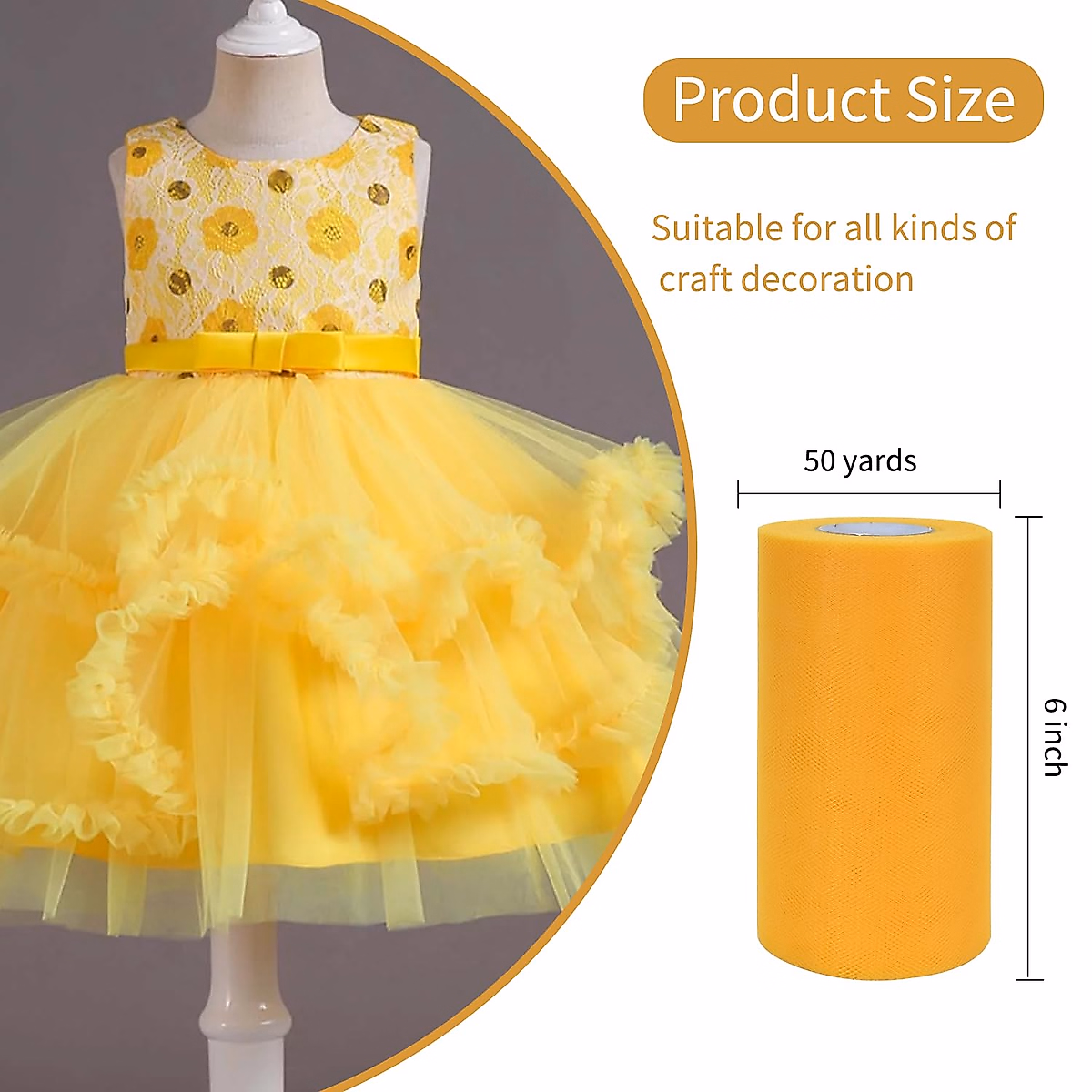 RIBBOOO Gold Yellow Tulle Fabric Rolls 6 Inch by 50 Yards (150 feet) Fabric Spool Tulle Ribbon for DIY Tutu Bow Baby Shower Birthday Party Wedding Decorations Christmas Craft Party Supplies