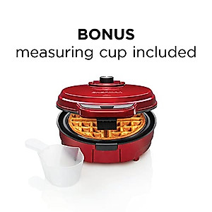 Chefman Anti-Overflow Belgian Waffle Maker w/Shade Selector, Temperature Control Mess Free Moat, Round Iron w/Nonstick Plates & Cool Touch Handle, Measuring Cup Included, Red