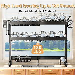 Over The Sink Dish Drying Rack, 3 Tier Adjustable Length Kitchen Counter Dish Rack Over Sink, Large Dish Drainer with Utensil Cup Holder, Black