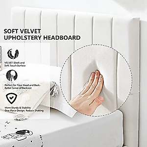 Flolinda Twin Bed Frame with Velvet Upholstered Headboard, Wooden Sprung Slat Support Extend Mattress Life, Modern Platform Bed Frame No Box Spring Needed, Easy Assembly, Cream White