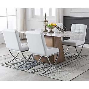 EALSON Modern Tufted Dining Chairs with Bench Set of 5 Leather Upholstered Dining Room Chairs with Chrome Metal Legs Mid Century Kitchen Chairs Armless Side Chairs for Dining Room Living Room, White