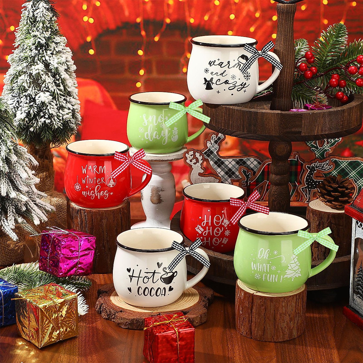 Suttmin 12 Pcs Ceramic Christmas Mugs Set 12 Oz Christmas Coffee Mugs with Ribbon Christmas Cups for Tea and Coffee Xmas Holiday Gift Tiered Tray Decor for Hot Cocoa Kitchen Table, Red, Green, White