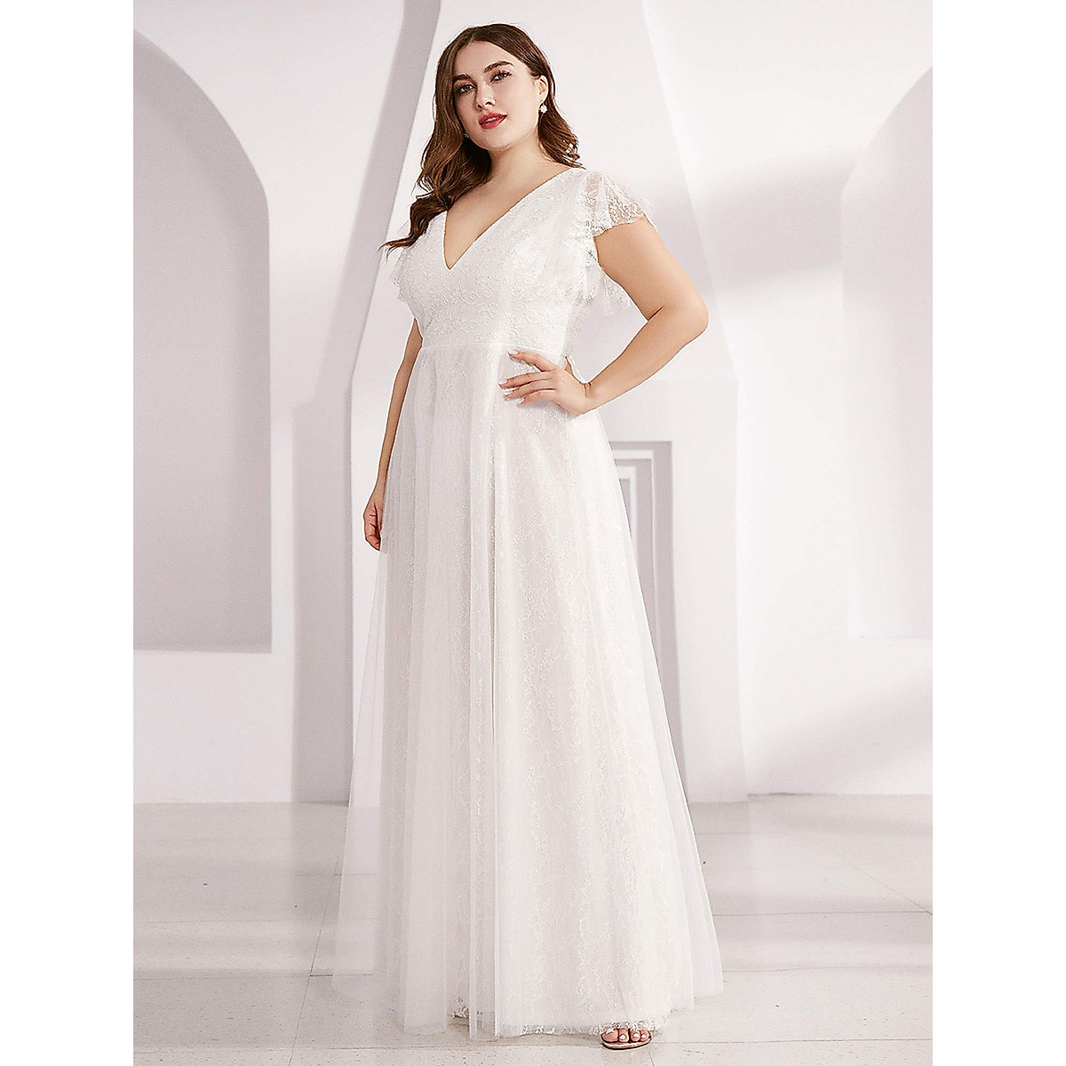 Ever-Pretty Women's A-Line V-Neck Flutter Sleeves Plus Size Cocktail Dress for Formal Party White US26