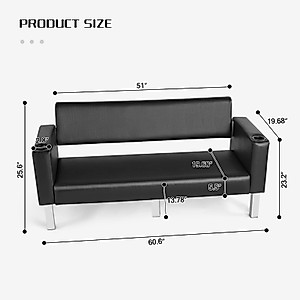 Artist hand Office Reception Chairs Waiting Room Bench Guest Chairs, Leather Bench 60.6'' Conference Room Chairs with 2 Cup Holder Office Couch Stainless Steel Base Chair