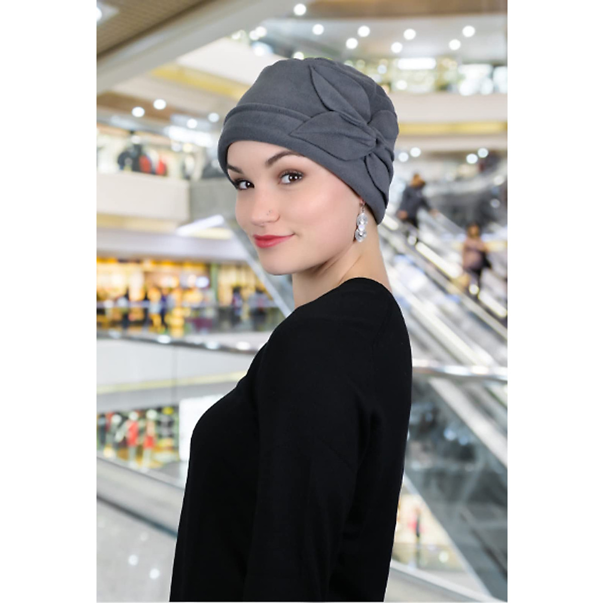 Womens Hat Fleece Beanie Cloche Cancer Headwear Chemo Ladies Winter Head Coverings Butterfly (Grey)