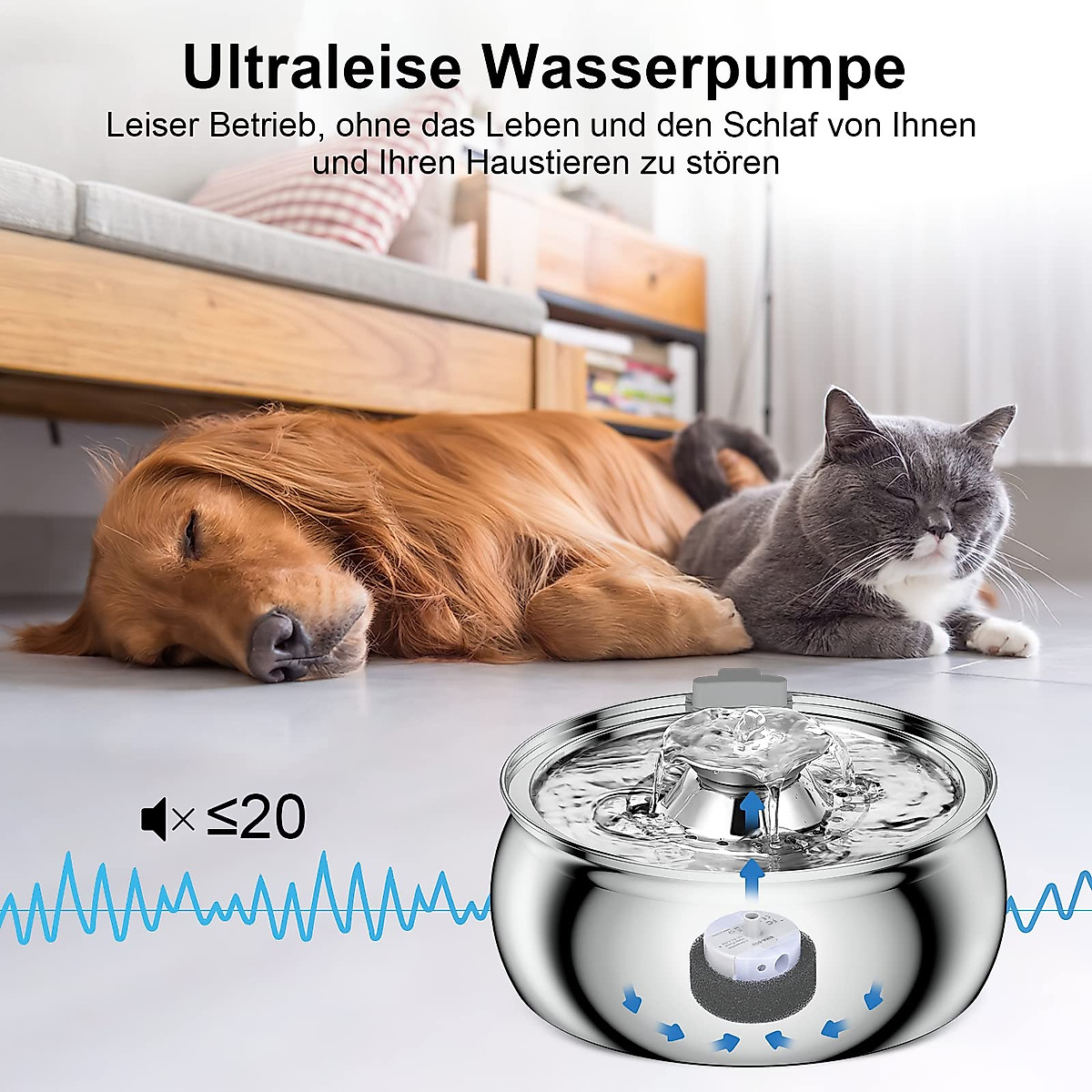 VinDox Cat Water Fountain,3.2L/108oz Automatic Pet Fountain Dog Water Dispenser with Ultra-Quiet Pump and Replacement Filters & Sponge, Stainless Steel Cat Water Dispensers for Dogs and Cats