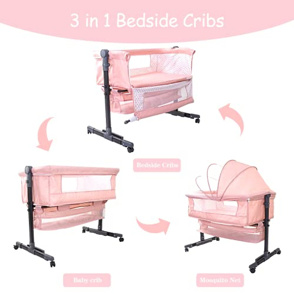 3 in 1 Baby Bassinets, Bedside Sleeper & Bedside Crib with Storage Basket, Easy to Assemble Baby Cradle, with Wheels, Adjustable Height, Mattress, Mosquito Nets