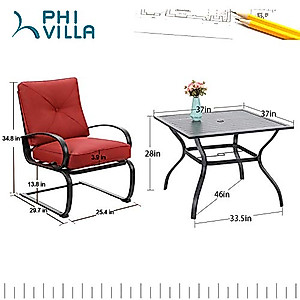 PHI VILLA 5 Pcs Patio Dining Table and Chair Set, 4 pcs C-Spring Relaxing Cushioned Sofa Chairs & 1 Sqaure 37"x 37" Outdoor Table with 1.57" Umbrella Hole, Patio Furniture for Garden Red Cushion
