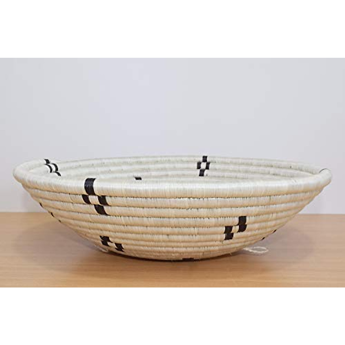 Large Hand Woven African Basket - 12 Inches Sisal & Sweetgrass Basket - Woven Bowl - Handmade in Rwanda, Cotton White, Black, RB209