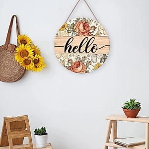 FWIEXA Vintage Hello Sign for Front Door, Boho Hello Spring Door Sign with Flowers, Colorful Floral Welcome Wooden Hanging Sign Decor for Entryway Front Porch Yard (12"x 12")