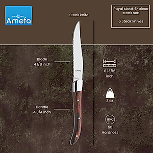 Amefa Royal Steak Knives, Set of 6, Premium Hardened Stainless Steel, Triple Rivet Pakka Wood Ergonomic Handle Design, Serrated Edge 4 Inch Blade Steak Knife, Dishwasher Safe.