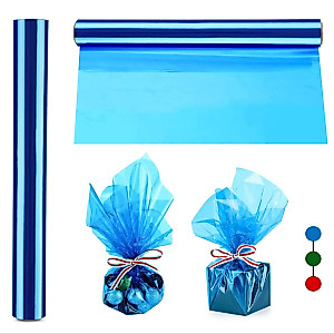 100ft Extra Wide Blue Cellophane Wrap Roll (100ft. Long x 17 in. Wide x 2.3 Mil Thick) - Blue Transparent Cellophane Roll for Gift Basket Wrap - Plastic Wrap for Baby Shower Decorations, Treats, Graduation Gift Wrapping.