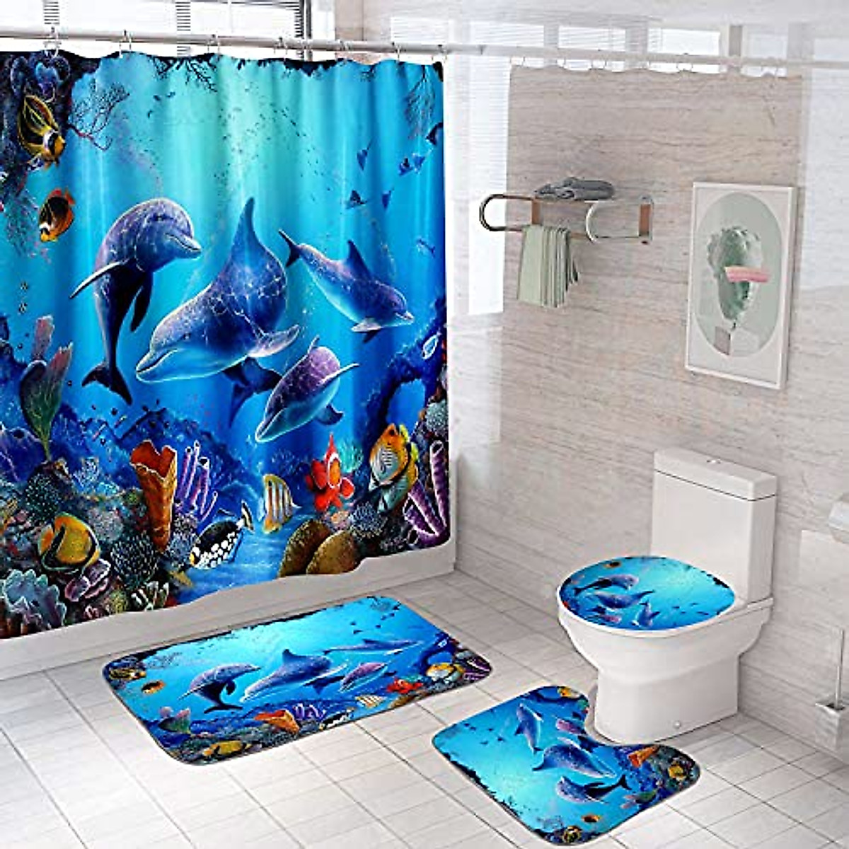 TDCQQGQQ Tropical Ocean Shower Curtain Sets, Sharks and Dolphins Waterproof Windproof Washable Shower Curtain and Rug Set for Bathroom, Toilet Lid Cover and Bath Mat with 12 Hooks.