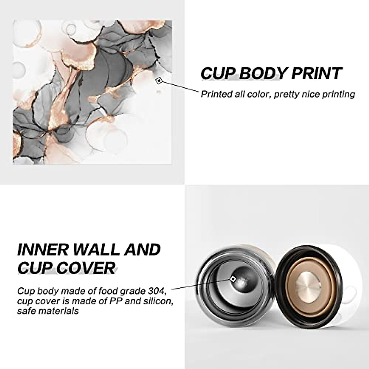 CaTaKu Pink Gold Marble Water Bottle Insulated 16 oz Stainless Steel Flask Thermos Bottle for Coffee Water Drink Reusable Wide Mouth Vacuum Travel Mug