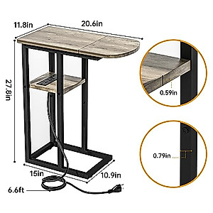 eiskah C Shaped End Table with Charging Station, Side Table for Living Room & Bedroom, Slide Under Couch Laptop Table with USB Ports and Outlets, Snack Tray Table for Couch & Bed