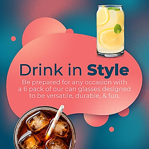 Can Shaped Drinking Glasses 16 oz - 6 Pack Beer Can Glass Cups Set, Clear Pint Beer Glasses for Soda, Water, Iced Coffee, Whiskey, Cocktails, Unique, Aesthetic Kitchen Drinkware, Dishwashable - 16oz