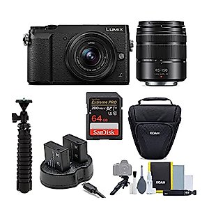 Panasonic DMC-GX85WK LUMIX 4K Mirrorless Camera with 12-32mm and 45-150mm Lenses Bundle with 64GB Memory Card, Case, Charger with Batteries, and Tripod (5 Items)