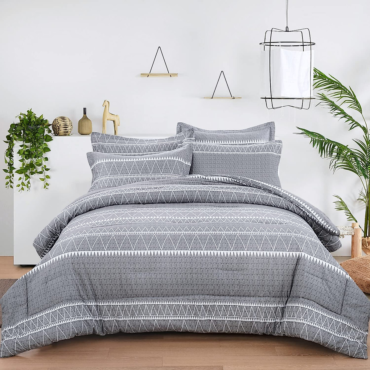 WONGS BEDDING Grey Comforter Set Queen, Soft Microfiber Reversible Gray Boho Down Alternative Comforter Set for Queen Bed- 3 Pieces (1 Solid Comforter + 2 Pillowcases), Bedding Duvet Set 90"x 90"