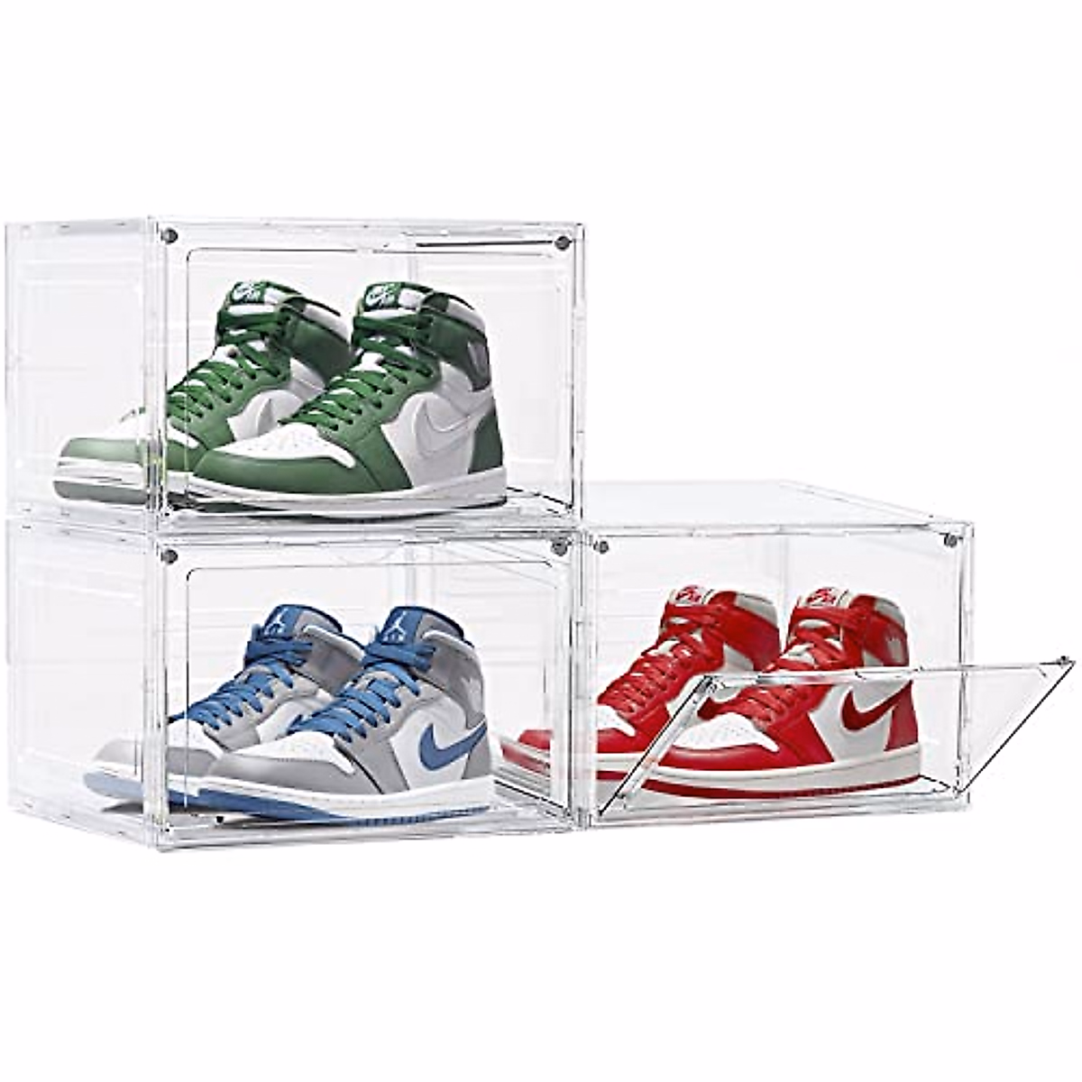 EZLucky 3 Pack Large Shoe Boxes Clear Plastic Stackable, Side Open Shoes Organizer with Magnetic Door, Clear Shoe Boxes Stackable for Display Sneakers, Fit Shoe Size Up to US 15 (14.2x11x8.7in)