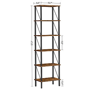 CHOEZON Narrow Book Shelf 6-Tier 67.2" Tall Bookcase with Protective Diagonal Braces, for Living Room, Bedroom, Study, Balcony, Rustic Brown and Black TCJ06BF