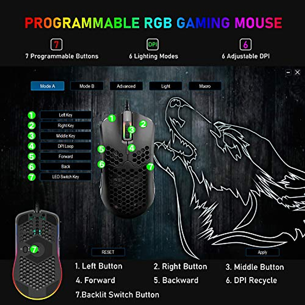 Wired Lightweight Gaming Mouse,6 RGB Backlit Mouse with 7 Buttons Programmable Driver,6400DPI Computer Mouse,Ultralight Honeycomb Shell Ultraweave Cable Compatible with PC Gamers,Xbox,PS4 (black)